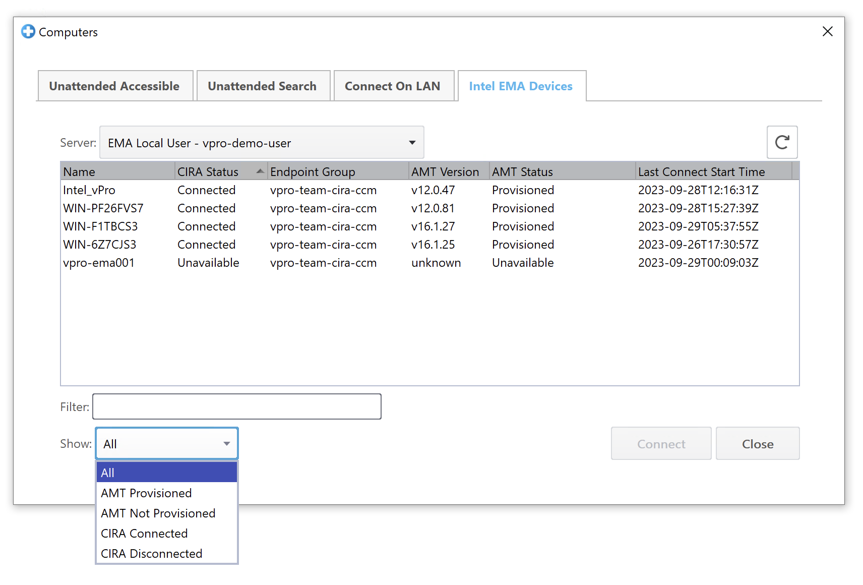 How can I browse Intel EMA servers for available devices? - Assistance Rescue
