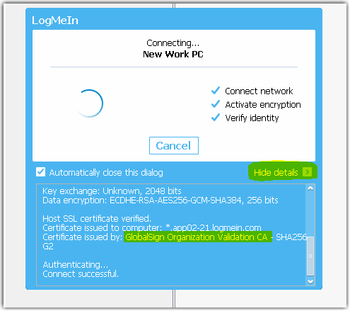 Troubleshooting identity verification error when remote controlling a LogMeIn host - Central Support