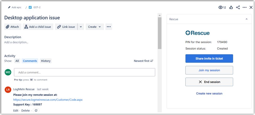 Utilisation de l'application LogMeIn Rescue dans Jira - Assistance Rescue