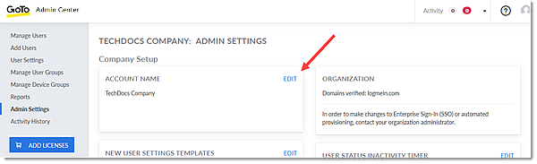 How do I change the account name for my whole GoTo account in the GoTo ...