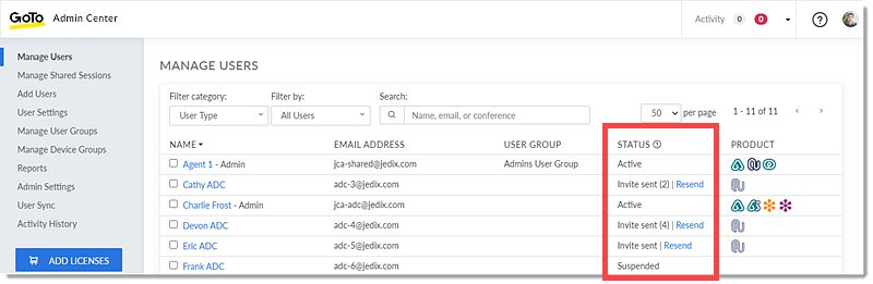 How do I change the status of my users in the GoTo Admin Center ...