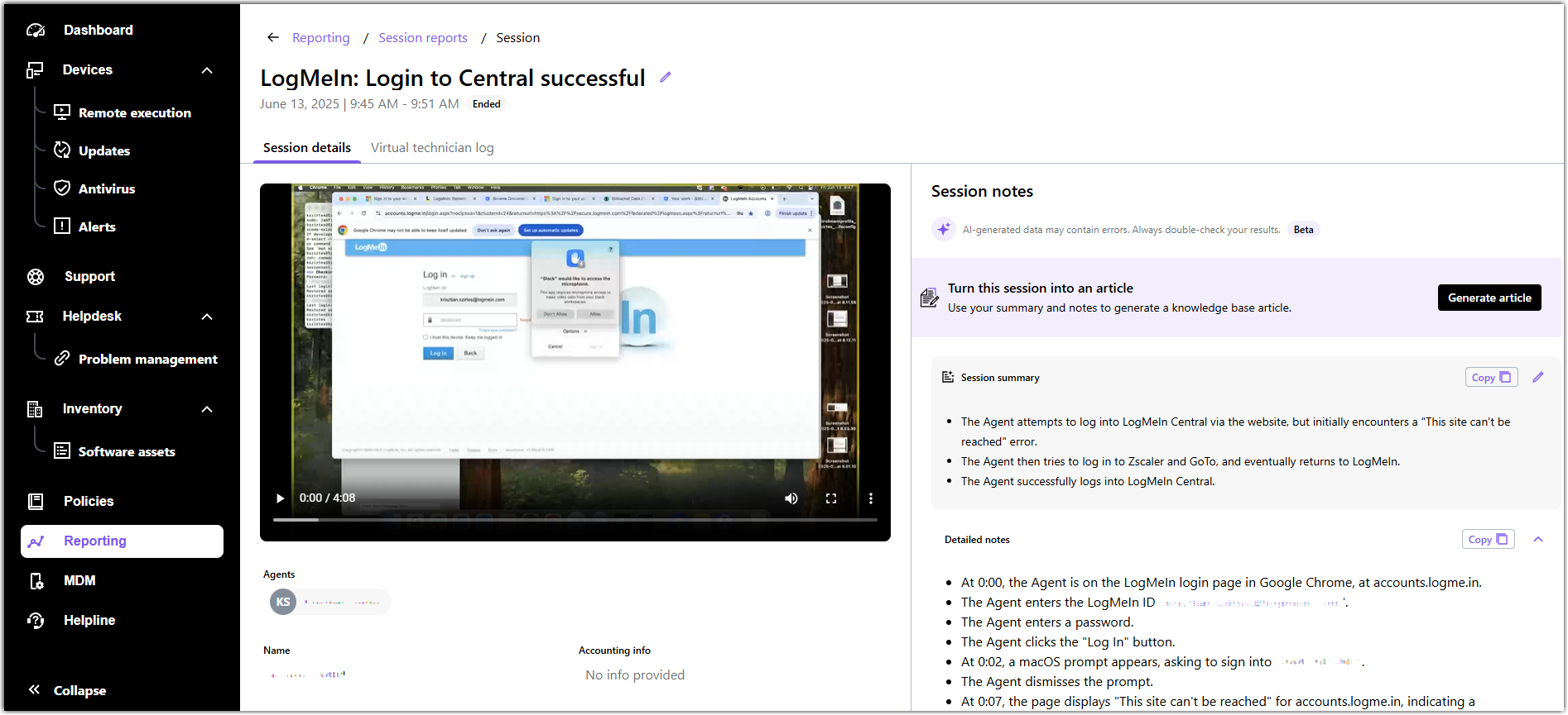 AI-generated session notes - LogMeIn Resolve Support