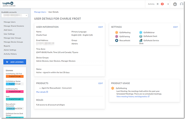 Manage Account Info for Users