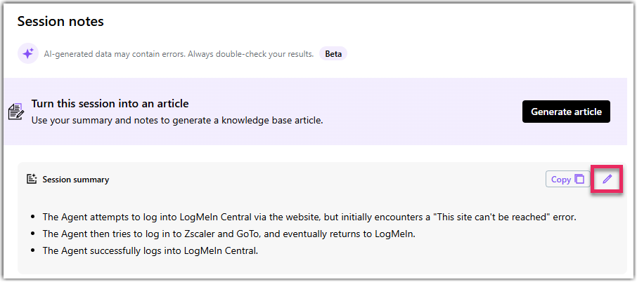 AI-generated session notes - LogMeIn Resolve Support